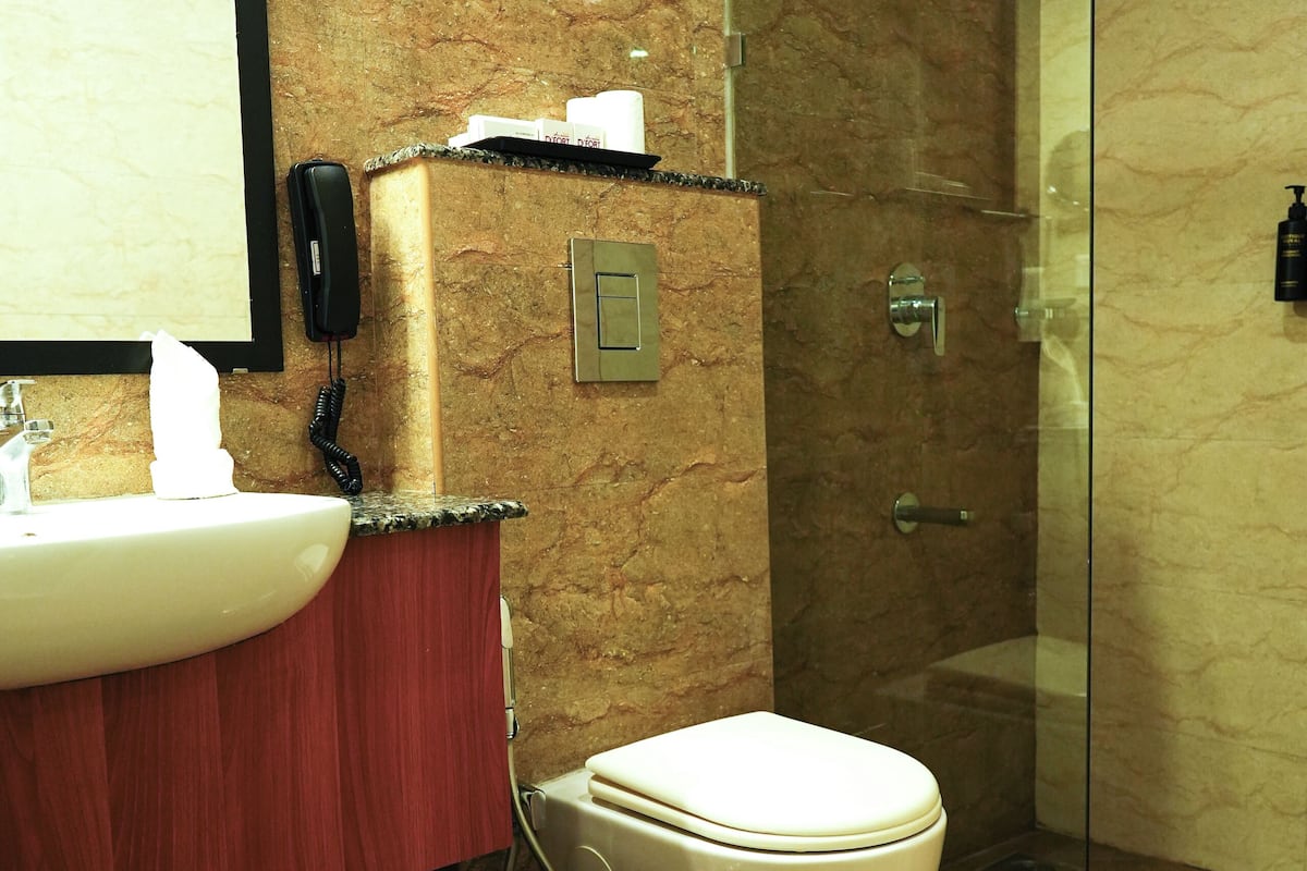 Quarto Duplo Premium, 1 cama de casal | Casa de banho | Um polibã, artigos de higiene pessoal grátis, toalhas fornecidas, sabão