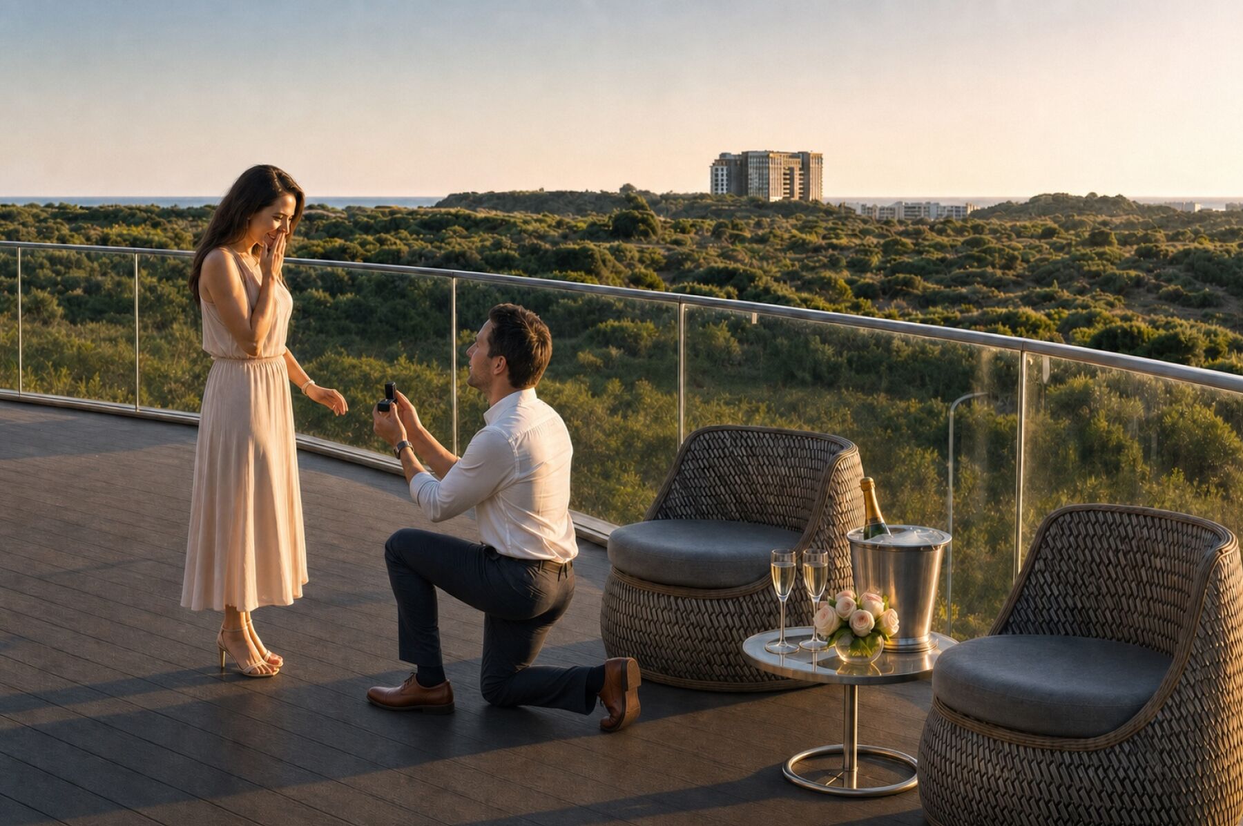 Um homem pedindo em casamento a uma mulher numa varanda com móveis de vime, uma mesa com garrafa e copos, e vista para o horizonte da cidade.
