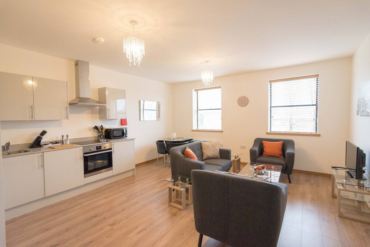 Apartamento moderno com cozinha, sala de jantar e sala de estar. Possui uma janela grande, um candelabro e uma TV de tela plana.