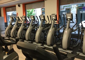Várias bicicletas ergométricas numa academia, com vista para a rua.