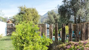 Um jardim com cerca de madeira, um arbusto e uma montanha ao fundo.
