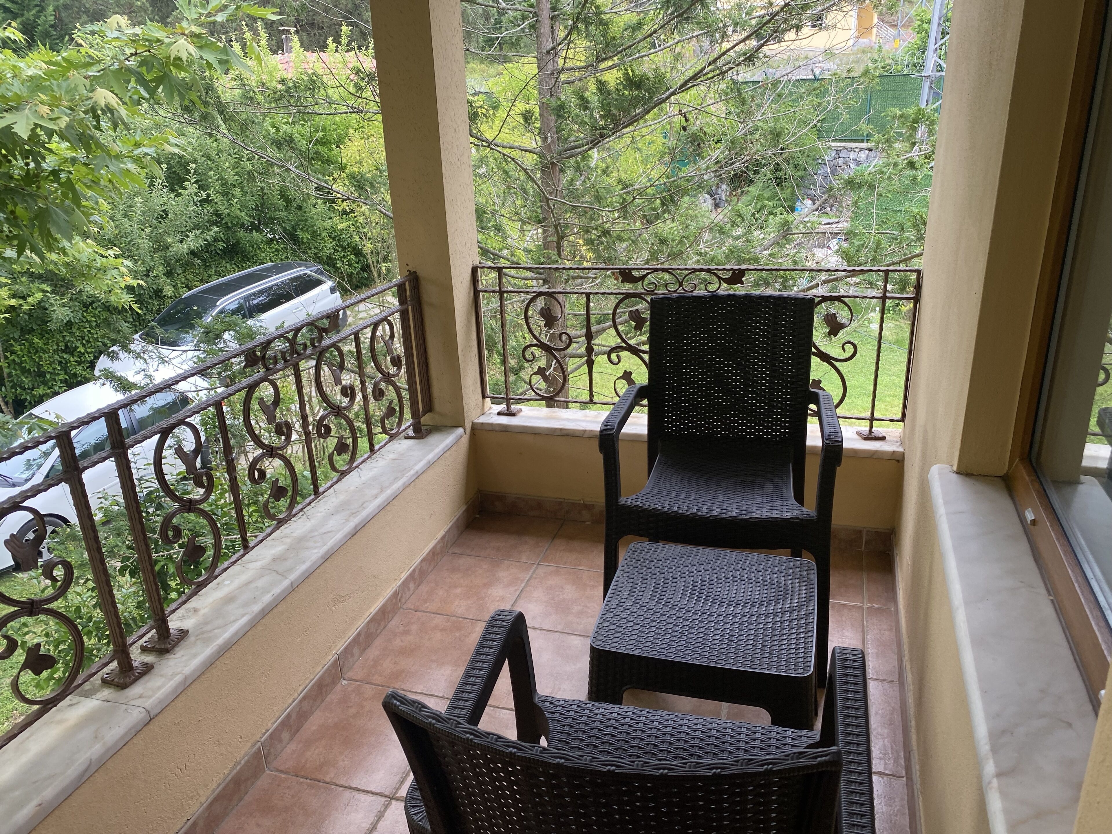 Varanda com cadeira e mesa de vime, guarda-corpo de metal e vista para vegetação e um carro estacionado.