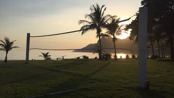 Uma rede de voleibol montada em um campo gramado, com palmeiras e um pôr do sol ao fundo.