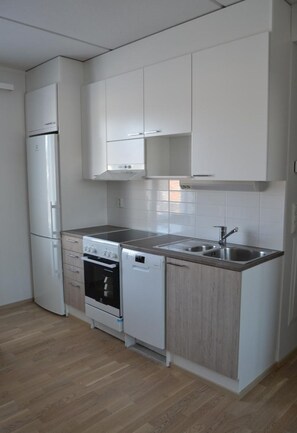 Um frigorífico/congelador grande, um micro-ondas, um forno 