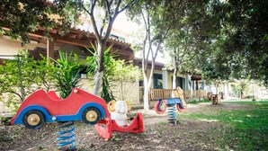Equipamentos de playground ao ar livre com um carro vermelho e um elefante branco, com um edifício e árvores ao fundo.