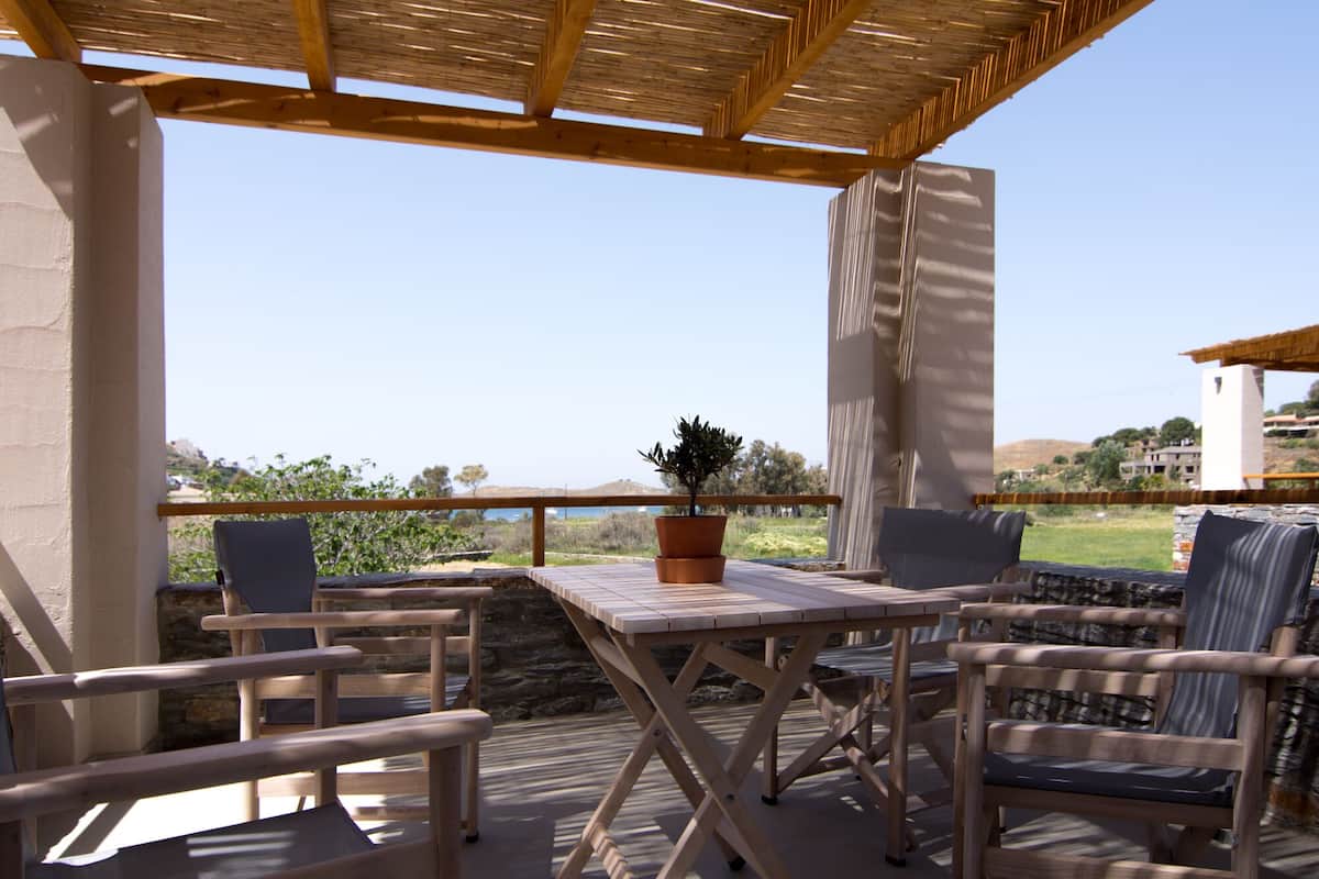 Um pátio externo com mesa e cadeiras, um vaso de planta e vista para a paisagem.