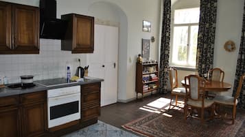 Apartamento conforto, 1 cama King e sofá-cama | Cozinha privada | Geladeira, cooktop, cafeteira/chaleira, chaleira elétrica