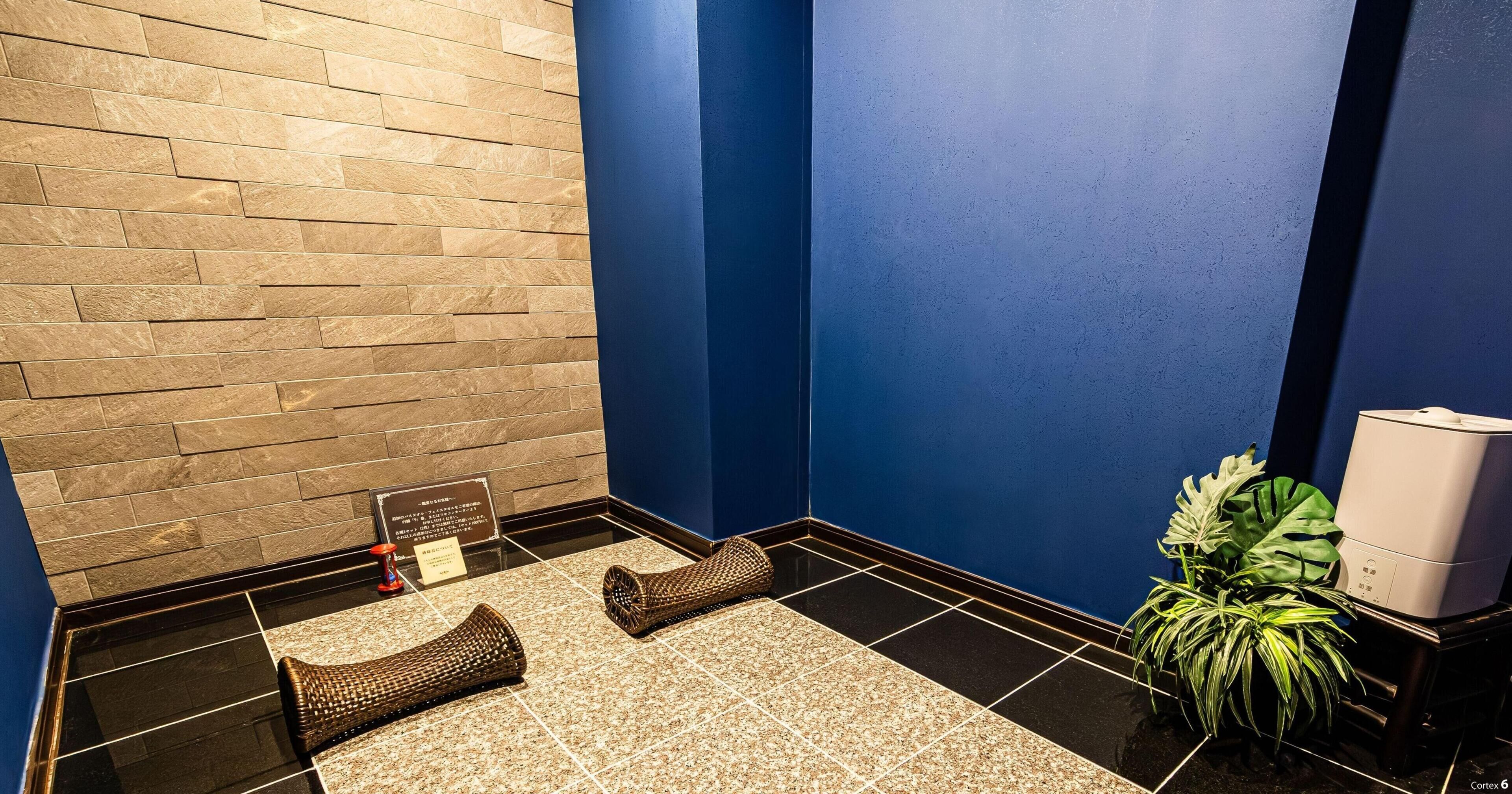 Canto de um quarto com parede de pedra, parede azul e chão ladrilhado. Há uma planta e uma impressora sobre uma mesa.