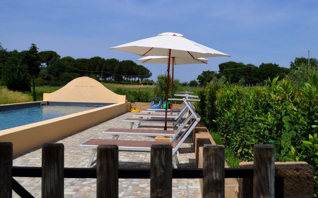 Piscina com espreguiçadeiras e guarda-sóis, cercada por vegetação.