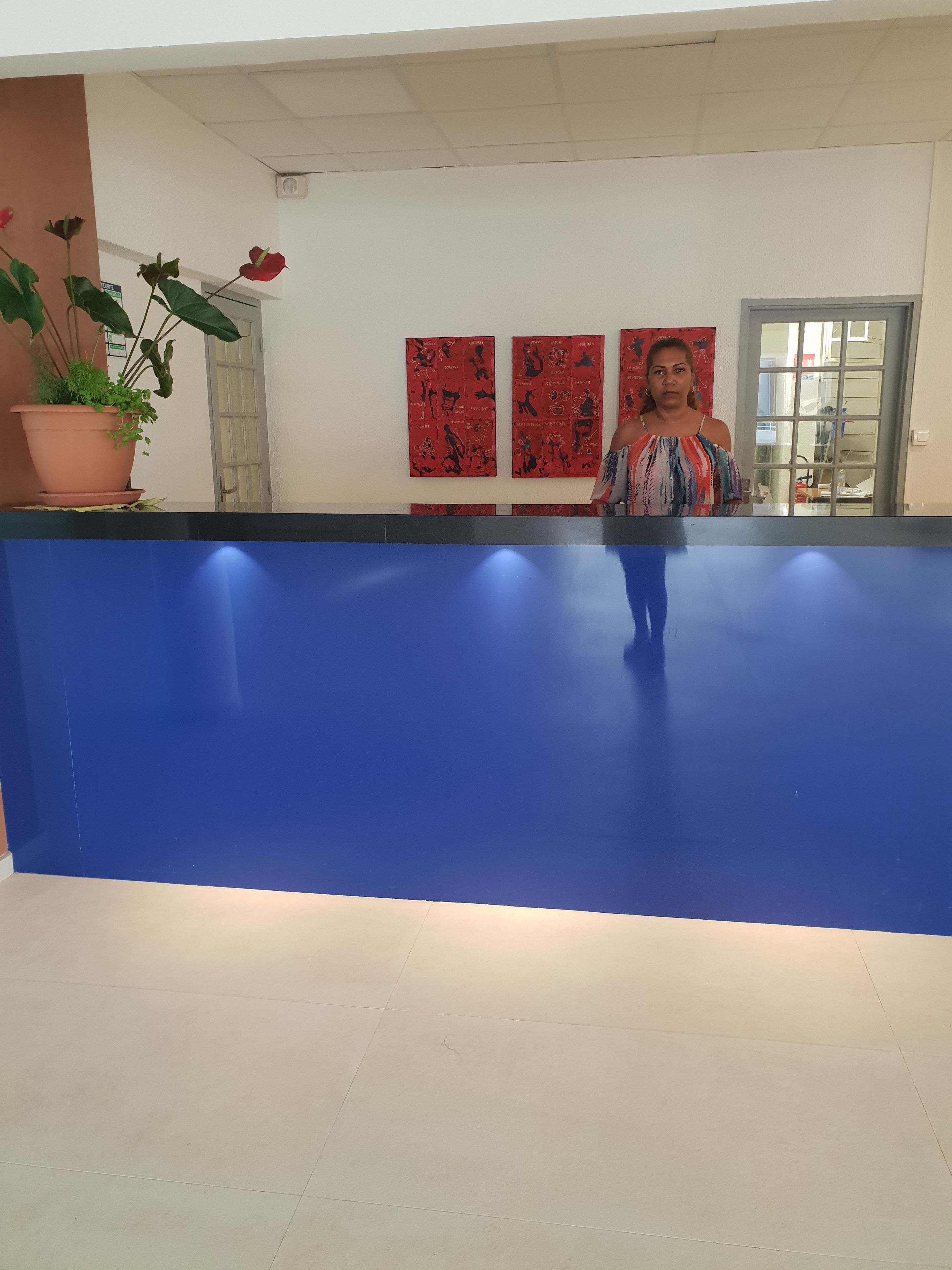 Uma área de recepção com um balcão azul, uma planta em vaso e uma obra de arte vermelha na parede.