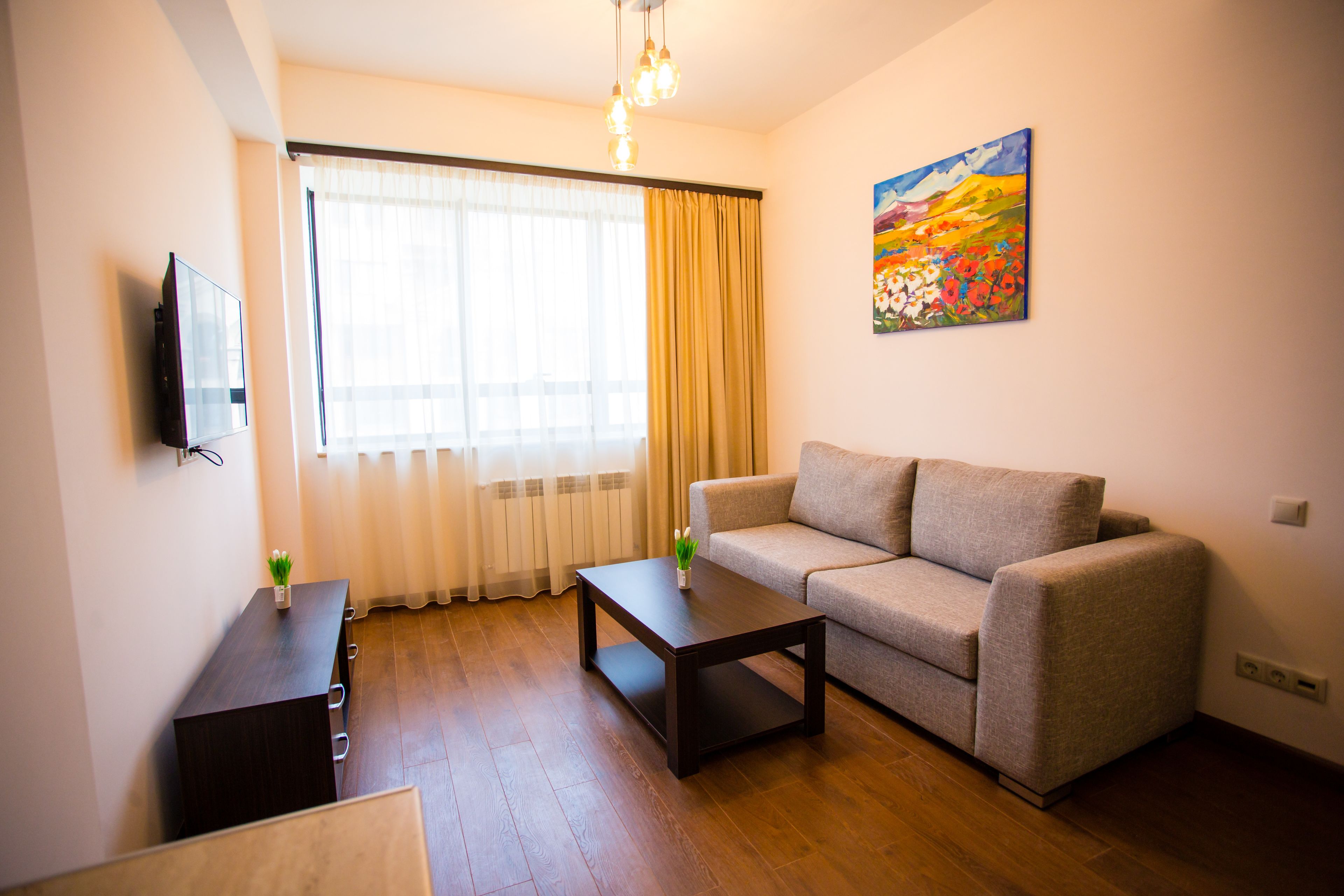 Uma sala de estar moderna com sofá, mesa de centro, televisão e um quadro na parede.