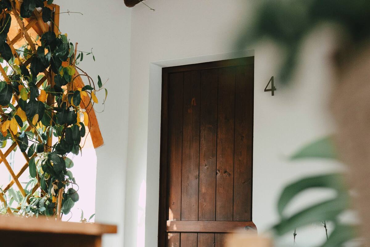 Um quarto com porta de madeira, janela com plantas e chão de azulejos.