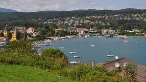 Uma cidade costeira com um porto, casas e uma colina arborizada ao fundo.