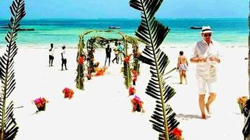 Cenário de praia com céu claro, palmeiras e um caminho que leva a uma área decorada.