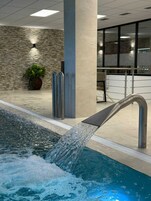 Piscina interior com um recurso aquático, parede de pedra e um vaso de planta.