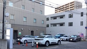 Um estacionamento com vários carros estacionados em frente a um edifício com uma placa indicando 'Blossom Hotel'.