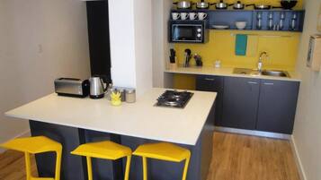 Estúdio, 1 cama queen-size | Cozinha privada | Um frigorífico, um micro-ondas, um forno, uma placa de cozinha