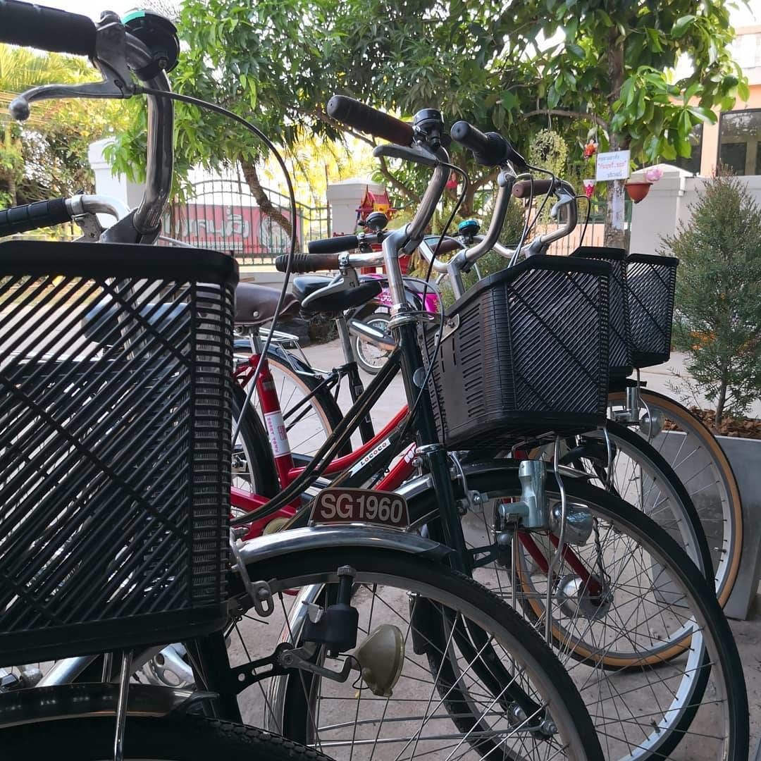 Bicicleta com cesto e placa de identificação com a inscrição "SG1960" estacionada em área arborizada, com árvores e um edifício ao fundo.