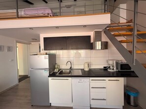 Dúplex Superior | Cozinha privada | Um frigorífico, um micro-ondas, uma placa de cozinha