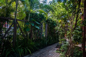 Uma trilha cercada por vegetação tropical densa, conduzindo a uma construção com exterior vermelho.