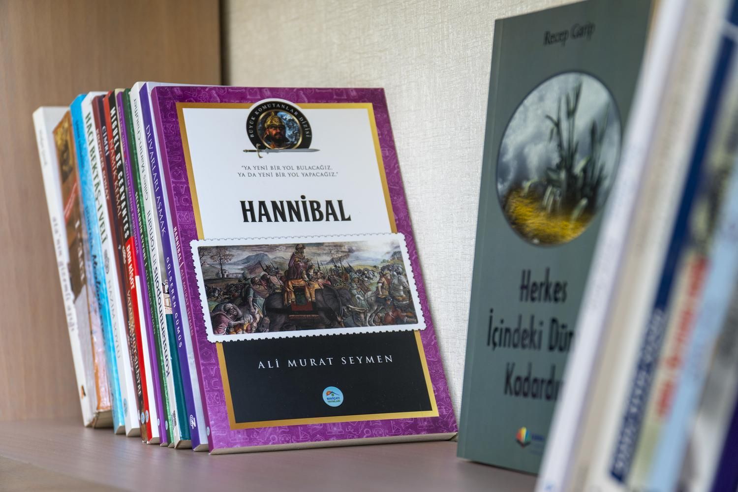 Uma estante com diversos livros, incluindo um exemplar em destaque intitulado 'HANNIBAL' de Ali Murat Seymen.
