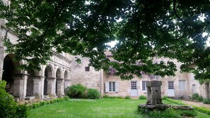 Pátio com fonte de pedra, vegetação exuberante e edifícios históricos de pedra com arcadas.