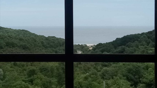 Vista pela janela de uma paisagem costeira, incluindo uma estrada e vegetação densa.