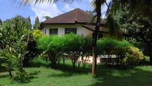 Uma casa com telhado cerâmico, rodeada por vegetação exuberante e palmeiras.
