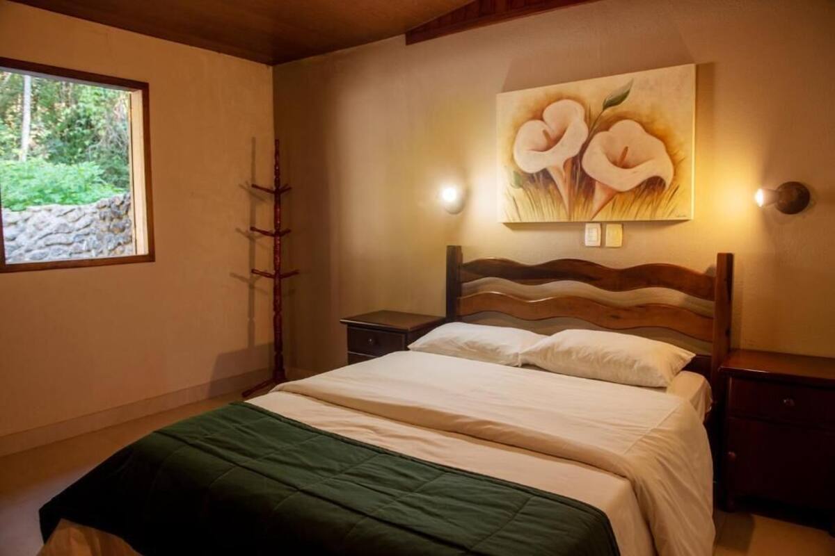 Quarto com cama, mesa de cabeceira, prateleira na parede e janela com vista para vegetação.