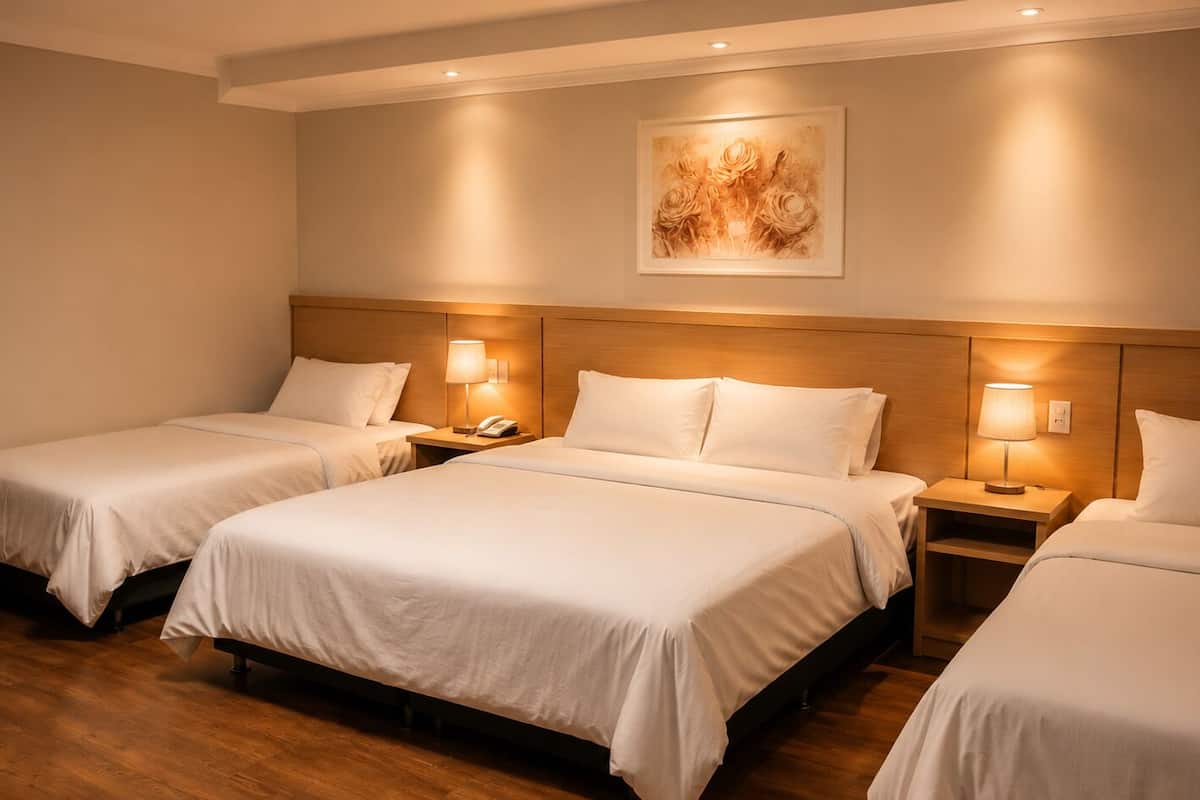 Quarto de hotel com três camas, cabeceiras de madeira, luminárias de mesa, mesinhas de cabeceira e uma obra de arte na parede.