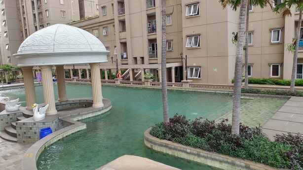 Uma piscina com um gazebo, palmeiras e um edifício de vários andares ao fundo.