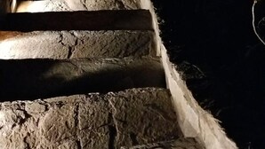 Degraus de pedra conduzem a uma construção com telhado de treliça, cercada por vegetação.