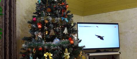 Uma árvore de Natal em um quarto com teto de madeira e uma televisão sobre um suporte.