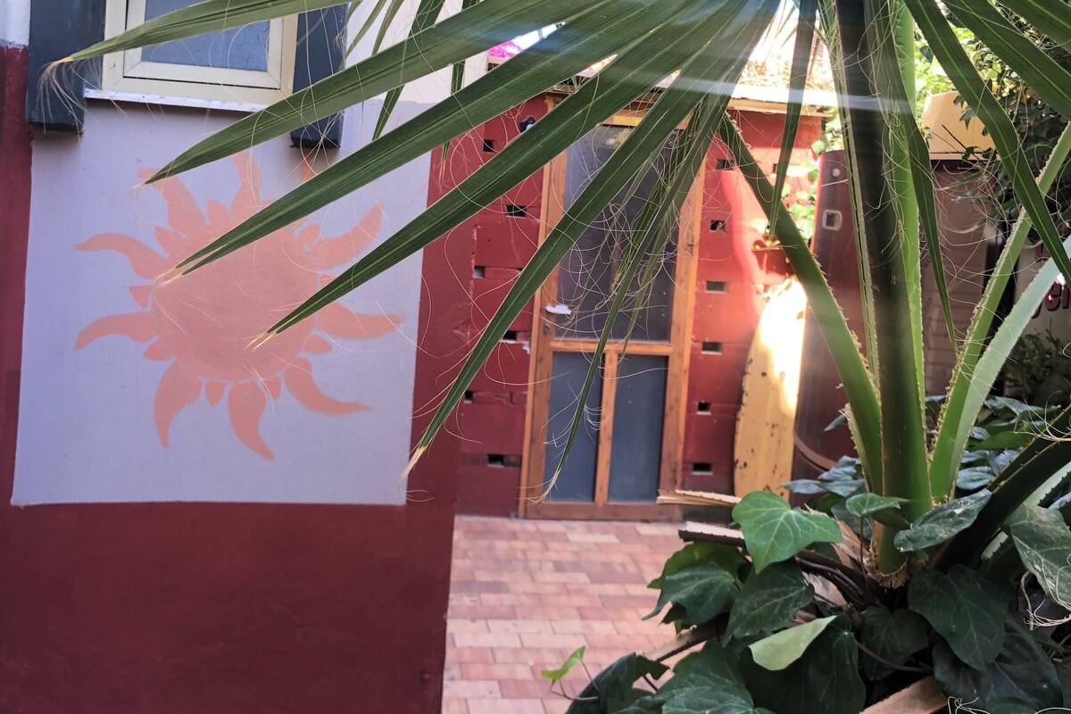 Um edifício com fachada vermelha e branca, uma janela e um caminho de tijolos.