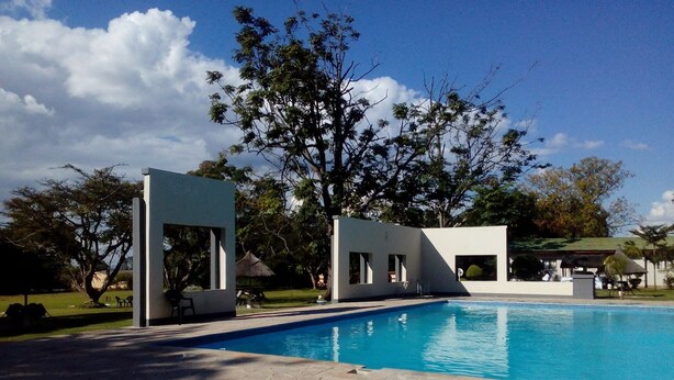 Uma piscina com deck de pedra, uma estrutura branca com porta de vidro e uma grande árvore ao fundo.