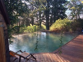 Um deck de madeira com piscina, rodeado por vegetação exuberante.