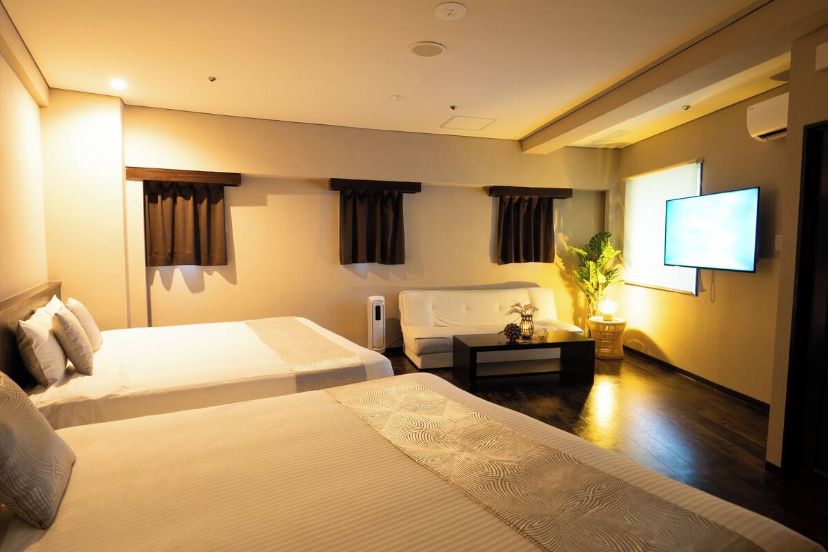Quarto de hotel com duas camas, um sofá, uma televisão e uma planta.