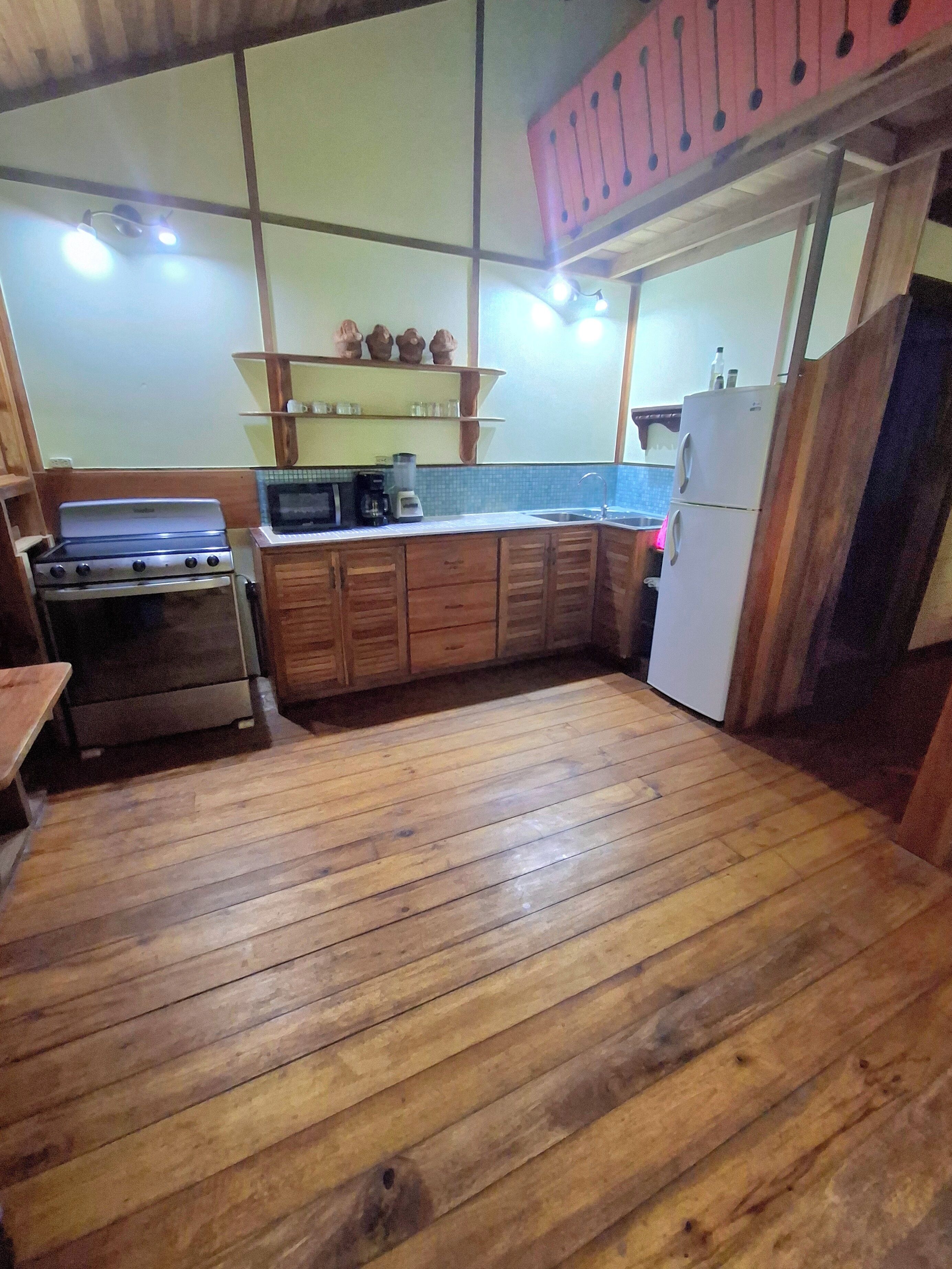Cozinha compacta com armários de madeira, fogão, micro-ondas e geladeira.