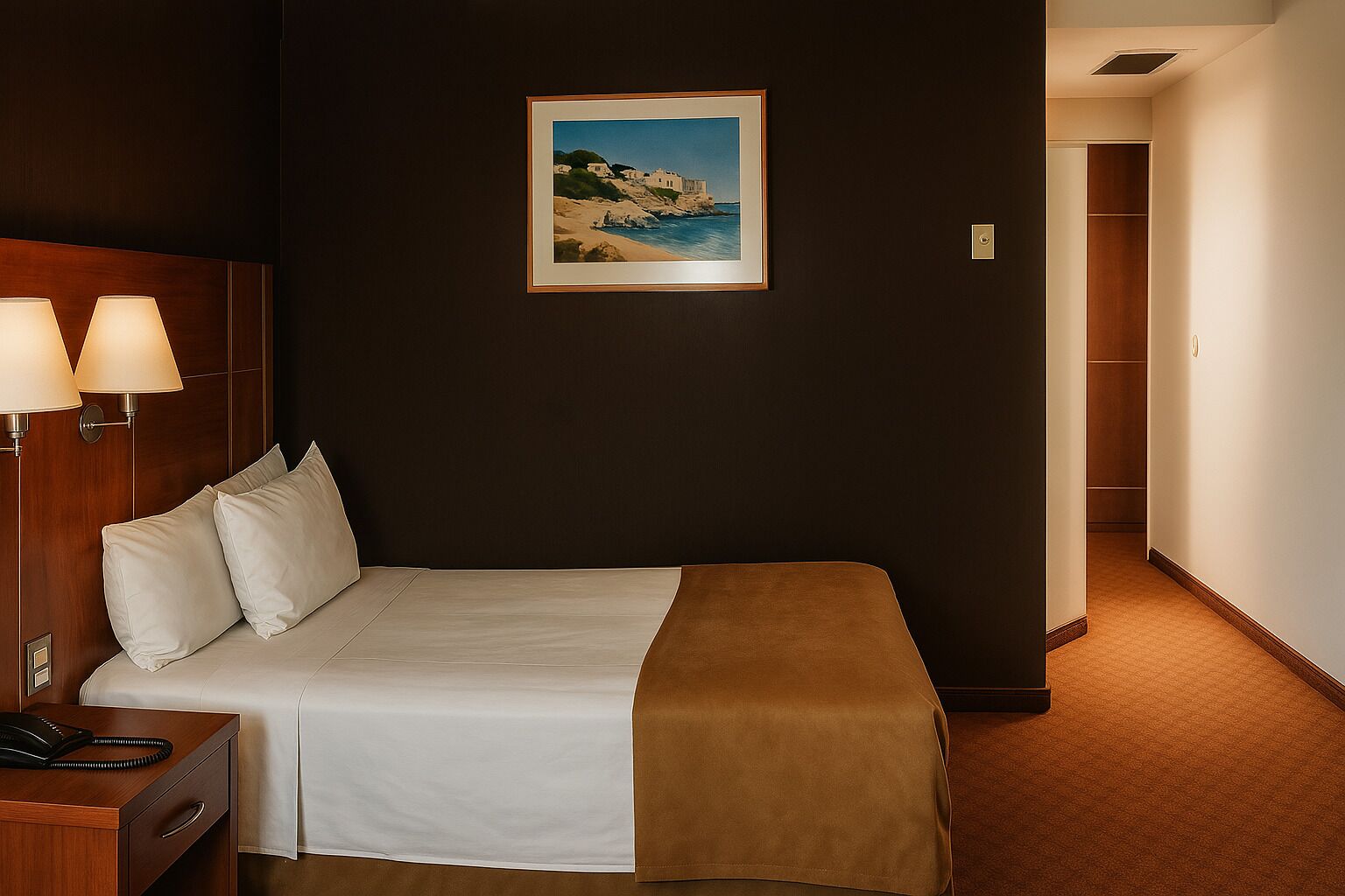 Quarto de hotel com cama, abajures, telefone, quadro na parede e corredor que leva a um armário.