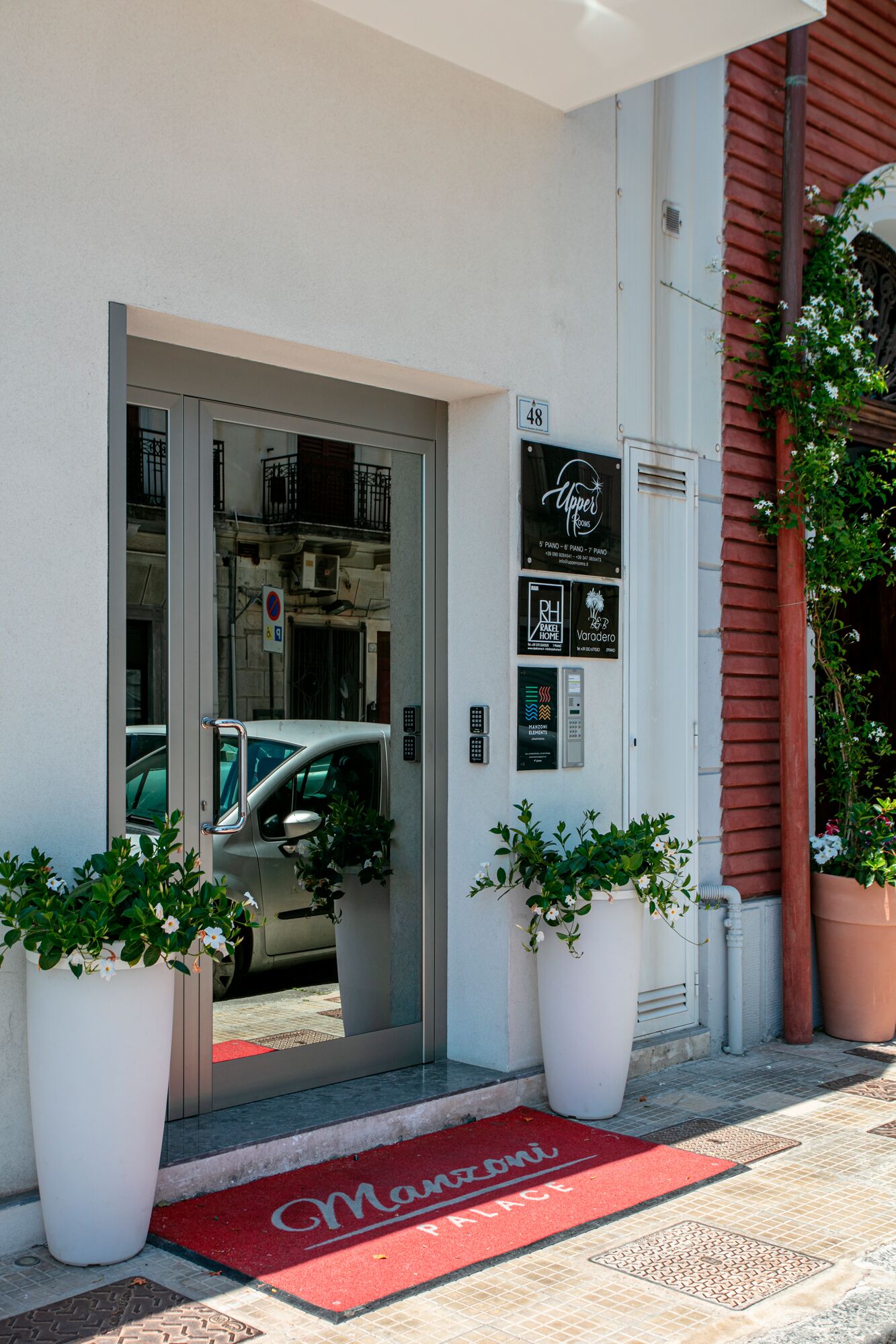 Entrada de hotel com um tapete vermelho, um carro estacionado na frente e duas grandes plantas em vasos.