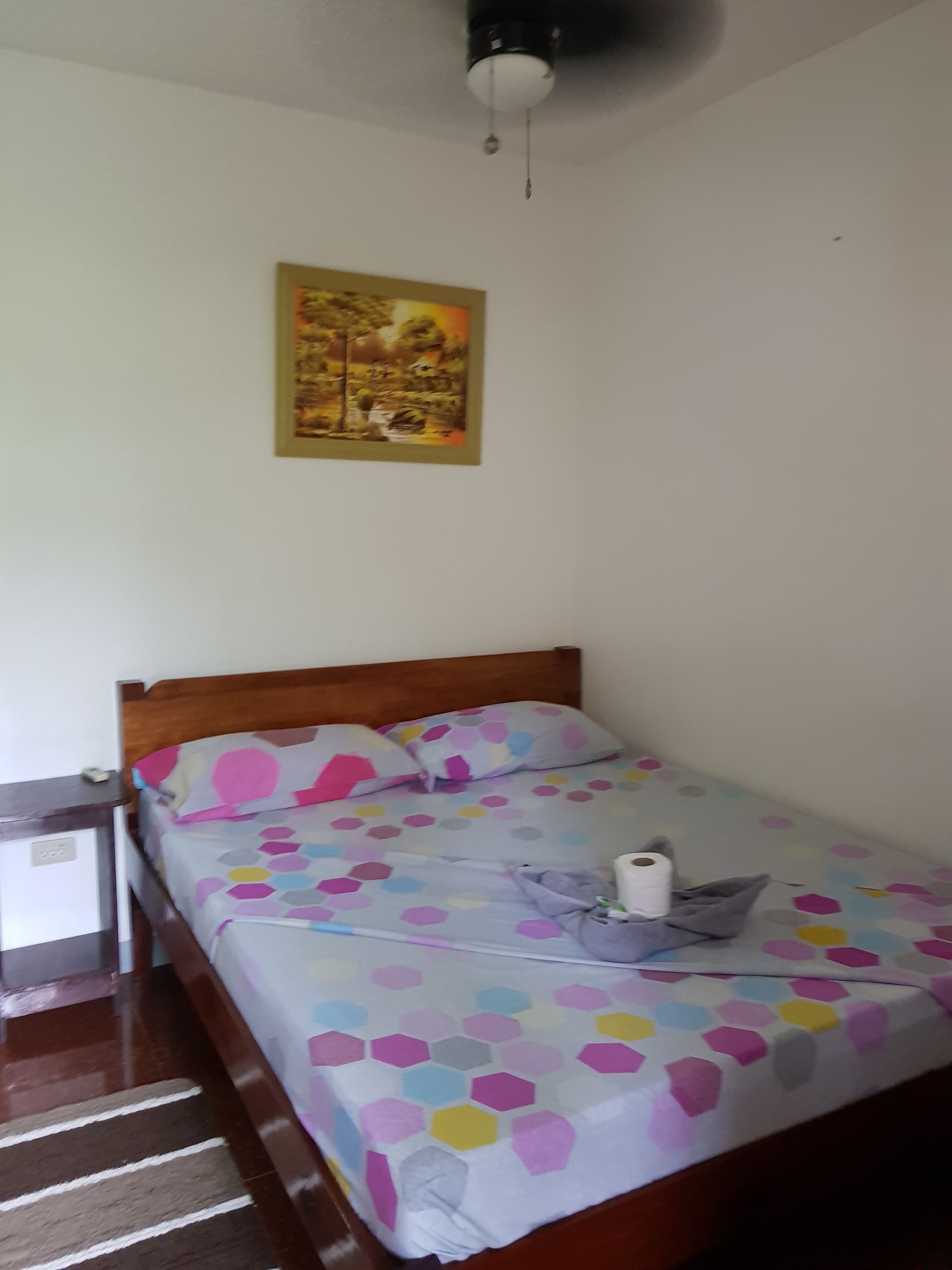 Um quarto com cama de madeira, roupa de cama estampada com bolinhas coloridas, um quadro na parede e um ventilador de teto.