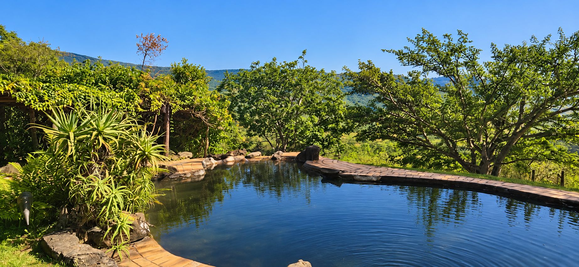Área de piscina ao ar livre tranquila, com céu azul límpido, cercada por vegetação exuberante e montanhas ao fundo.