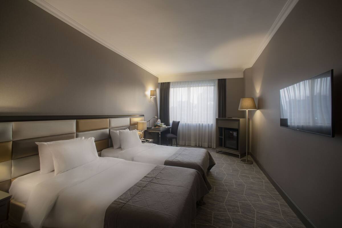 Quarto de hotel com duas camas, uma escrivaninha, uma cadeira, uma televisão e uma lareira.