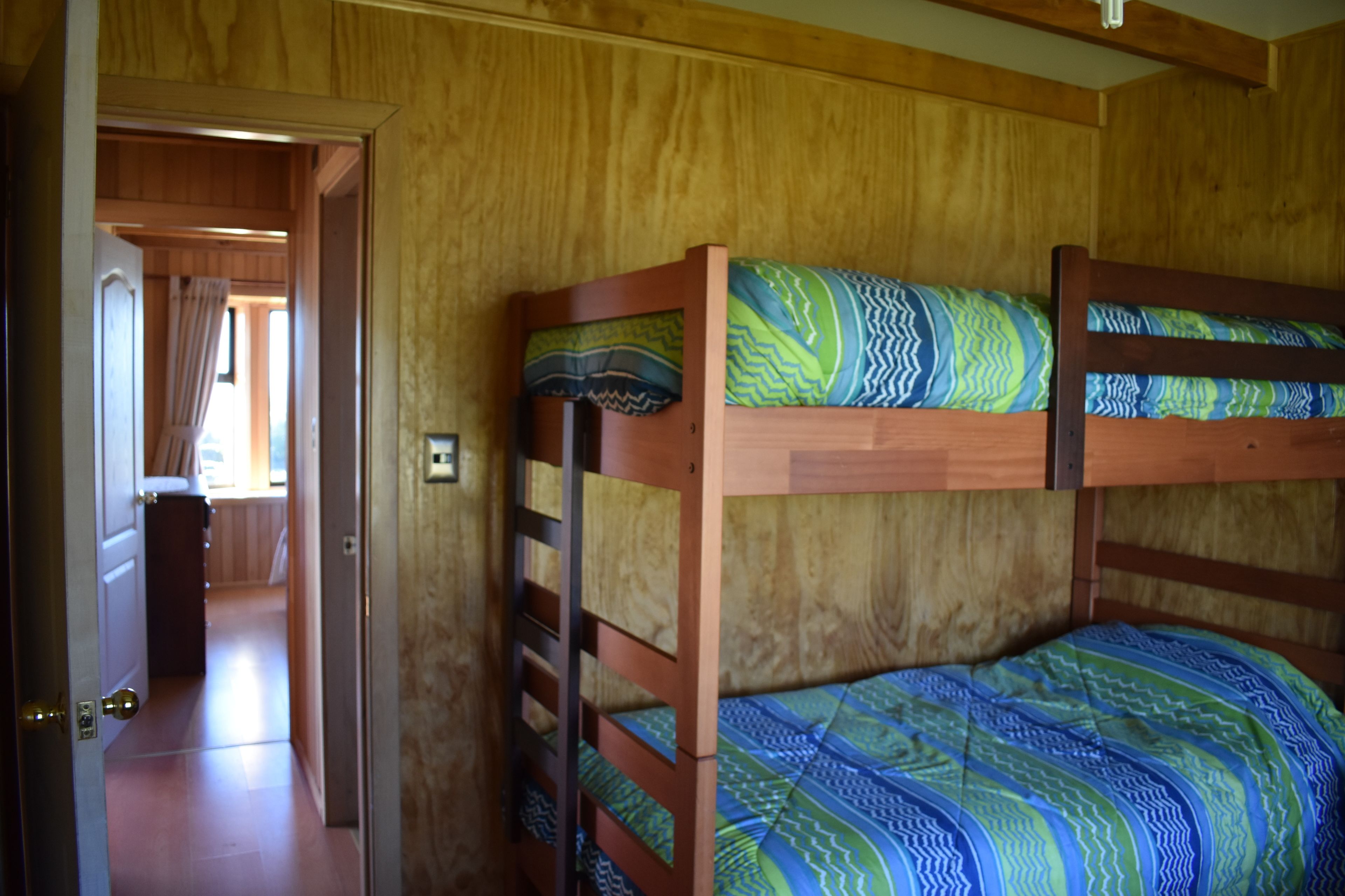 Uma cama beliche com roupa de cama estampada em um quarto de madeira.