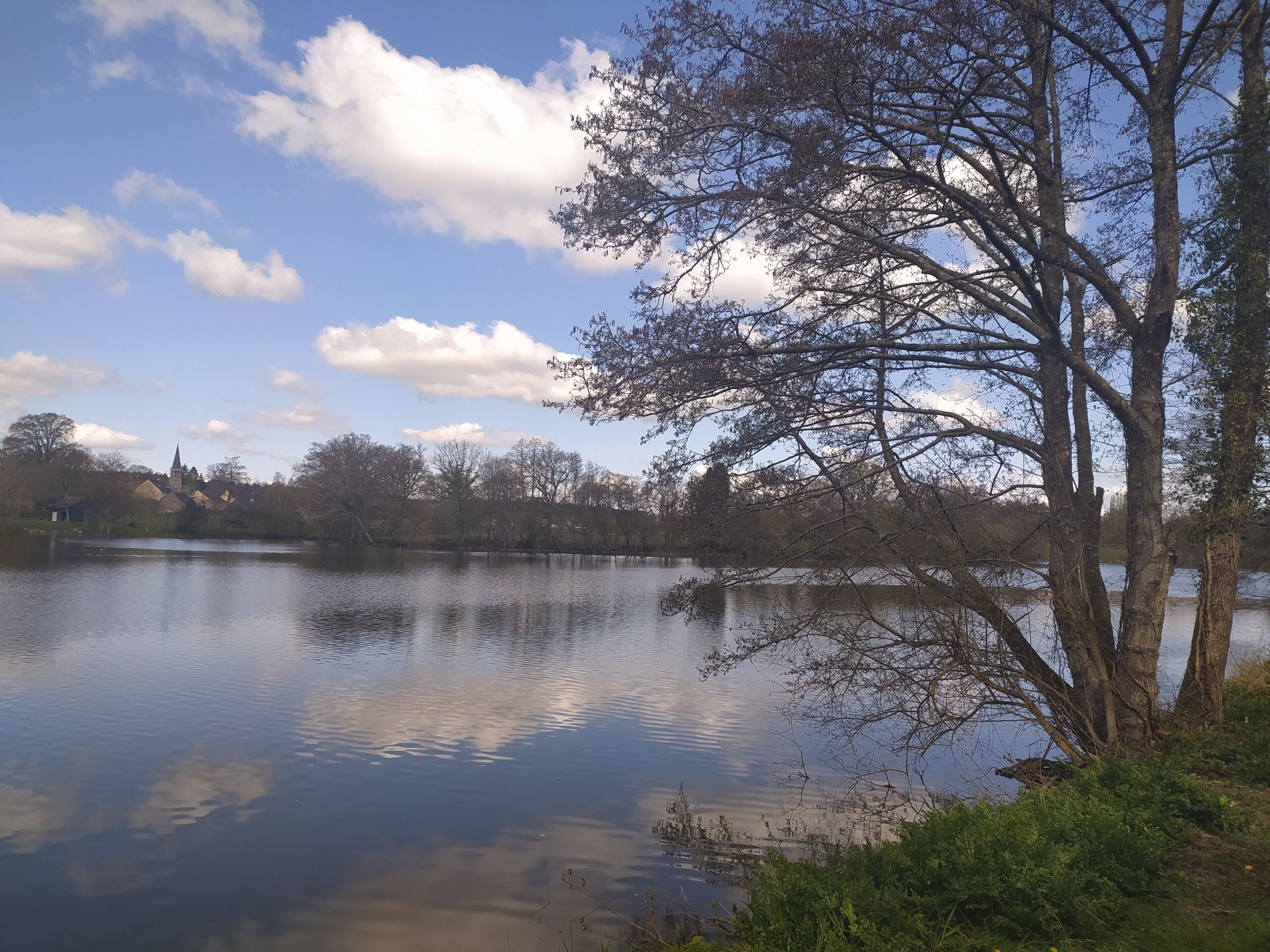 Um lago tranquilo com uma igreja ao fundo e árvores sem folhas em primeiro plano.