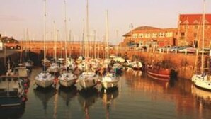 Uma marina com vários barcos atracados, um edifício com sinalização e uma superfície de água calma.