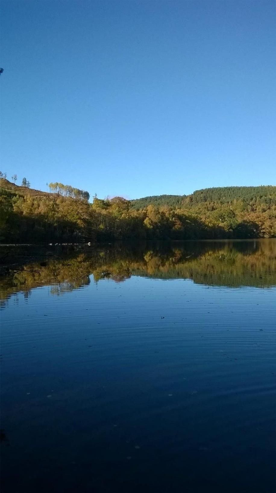Um lago tranquilo com reflexos nítidos, rodeado por colinas e árvores.