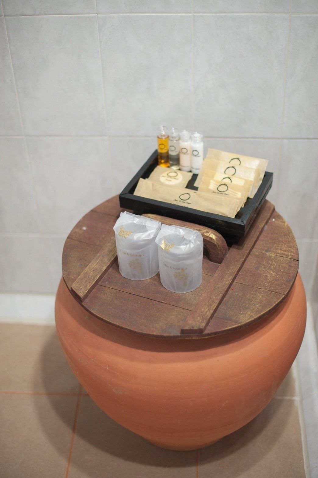 Um vaso de terracota com um suporte na parte superior, contendo uma garrafa de sabonete líquido, uma garrafa de álcool em gel e uma barra de sabão.