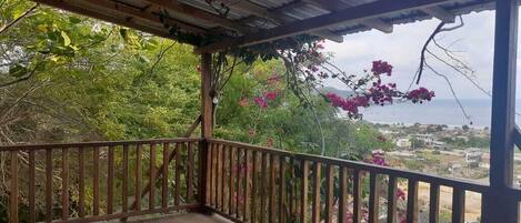 Uma varanda de madeira com vista para a paisagem costeira e vegetação.