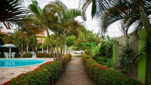Um caminho bordeado por flores vermelhas e palmeiras, que leva a uma área de piscina com cadeiras e guarda-sóis brancos.
